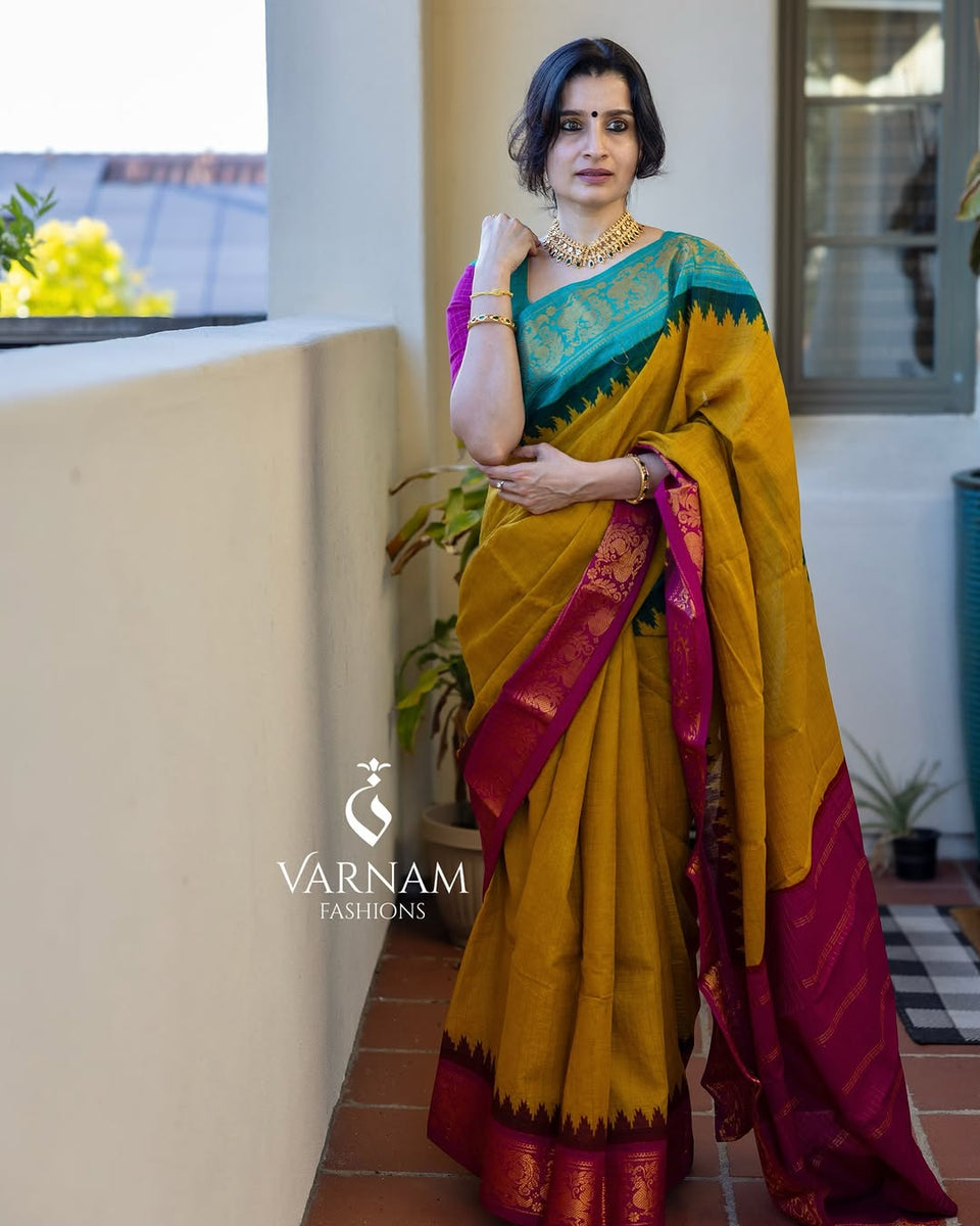 Mustard Sungudi Cotton Saree With Pink & Ramagreen Ganga Jamuna Border ...